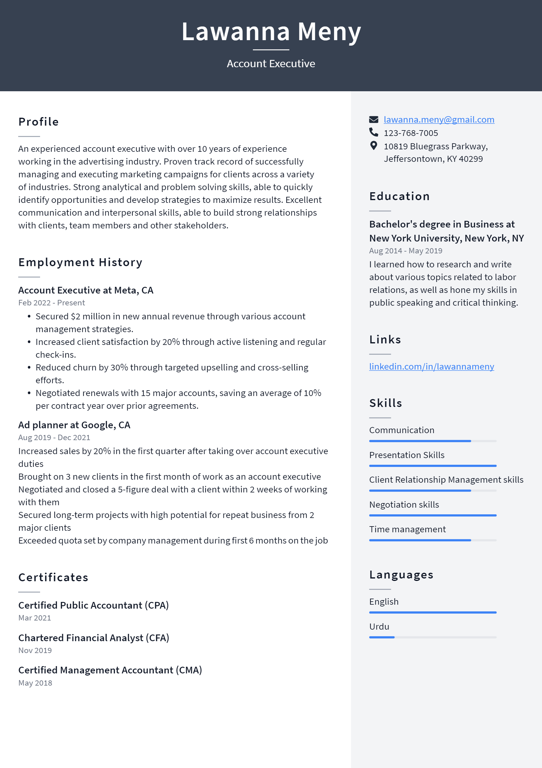 Account Executive Resume Example and Writing Guide - ResumeLawyer