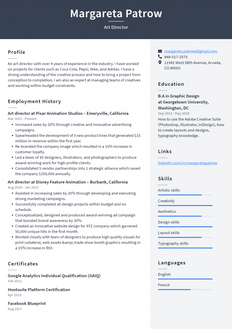 Art Director Resume Example and Writing Guide - ResumeLawyer