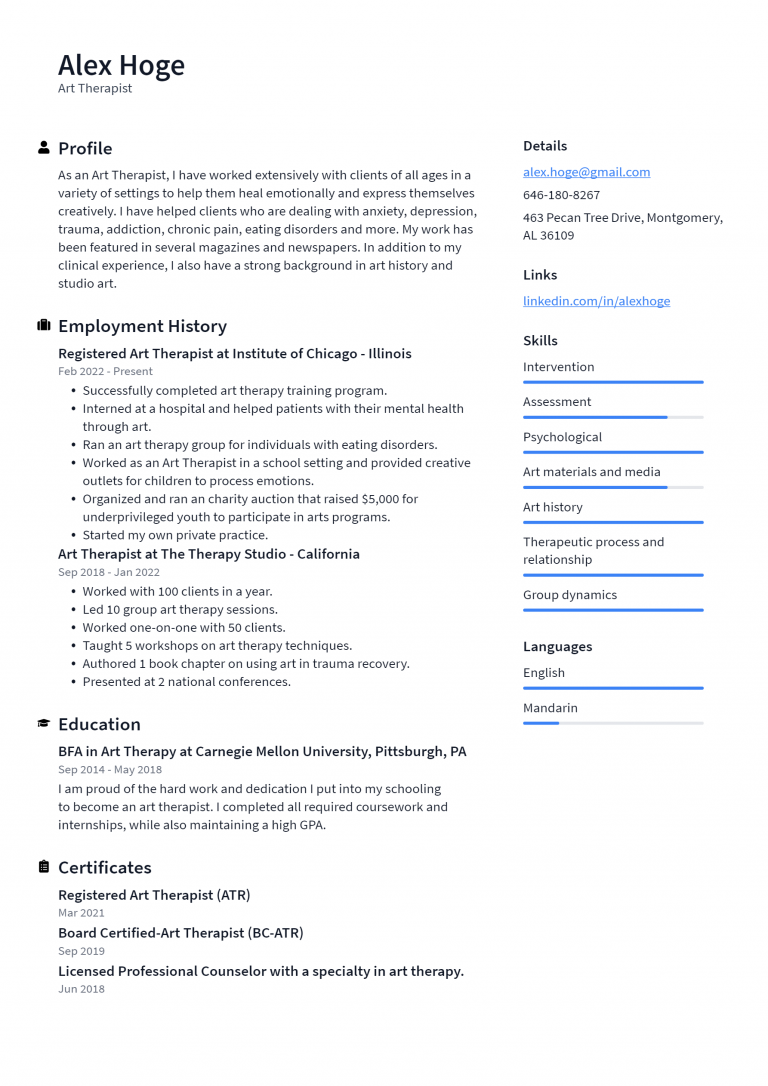 Art Therapist Resume Example and Writing Guide - ResumeLawyer