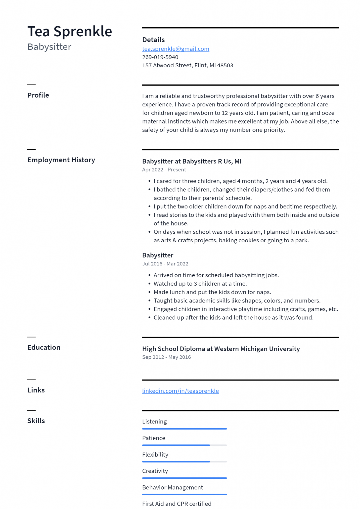 Babysitter Resume Example and Writing Guide - ResumeLawyer