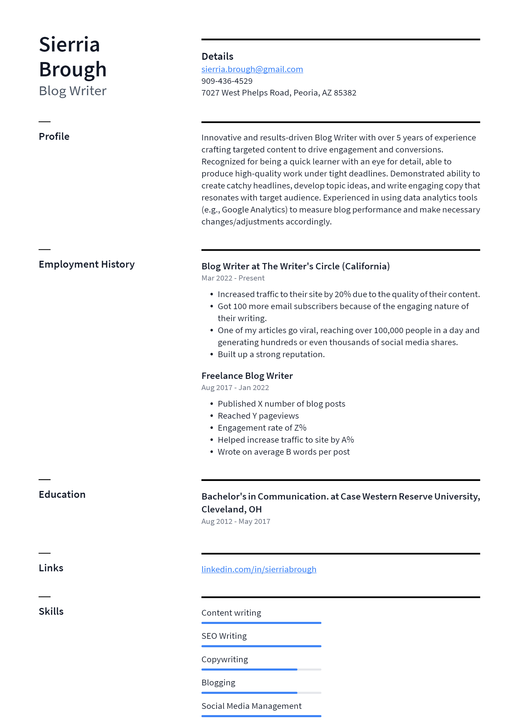 Blog Writer Resume Example and Writing Guide - ResumeLawyer