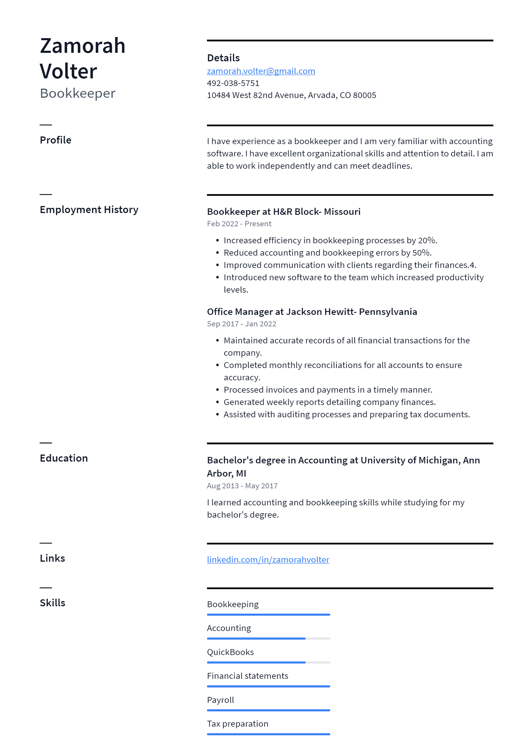 Bookkeeper Resume Example and Writing Guide - ResumeLawyer