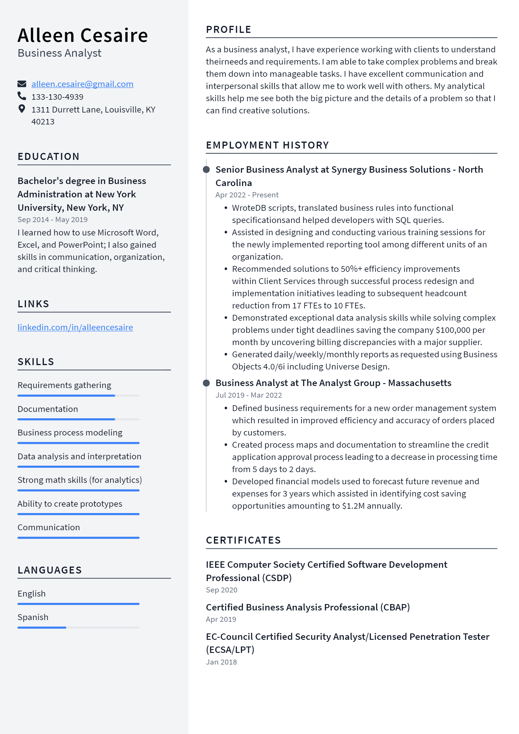 Business Analyst Resume Example and Writing Guide - ResumeLawyer