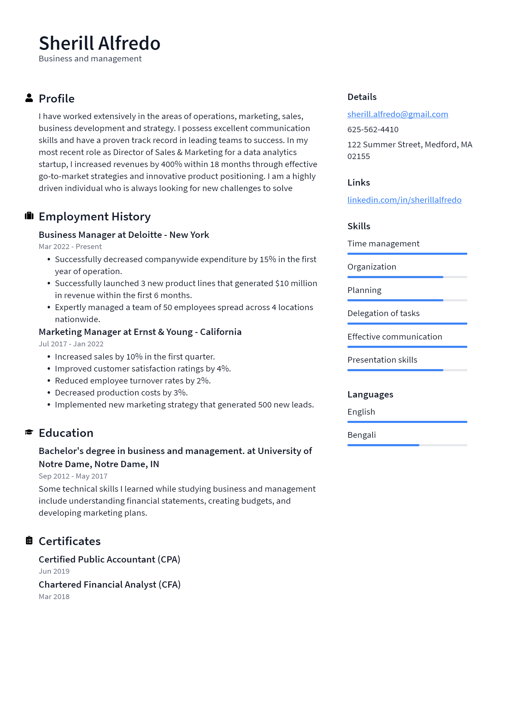 Business and management Resume Example and Writing Guide - ResumeLawyer