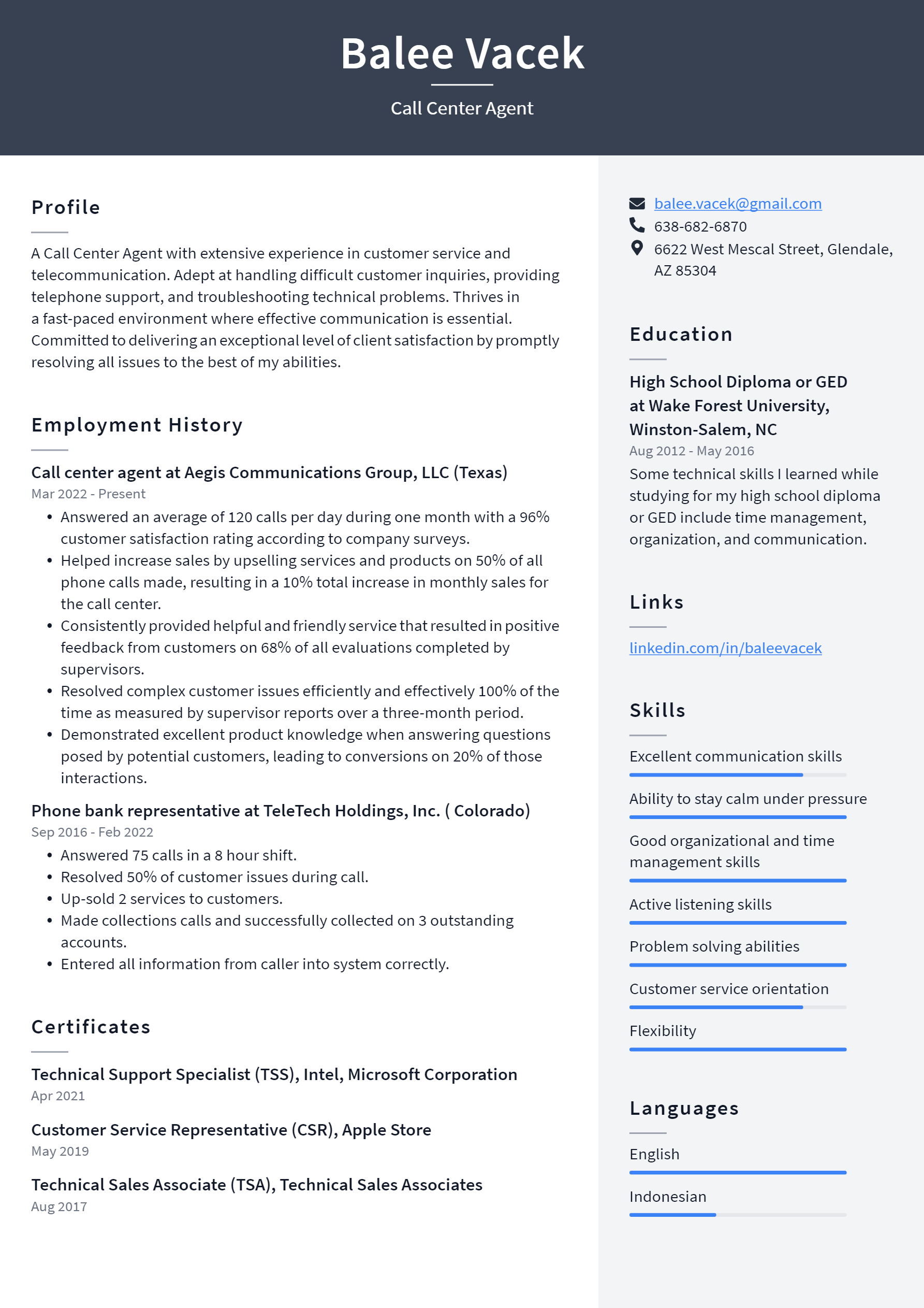Call Center Agent Resume Example and Writing Guide - ResumeLawyer