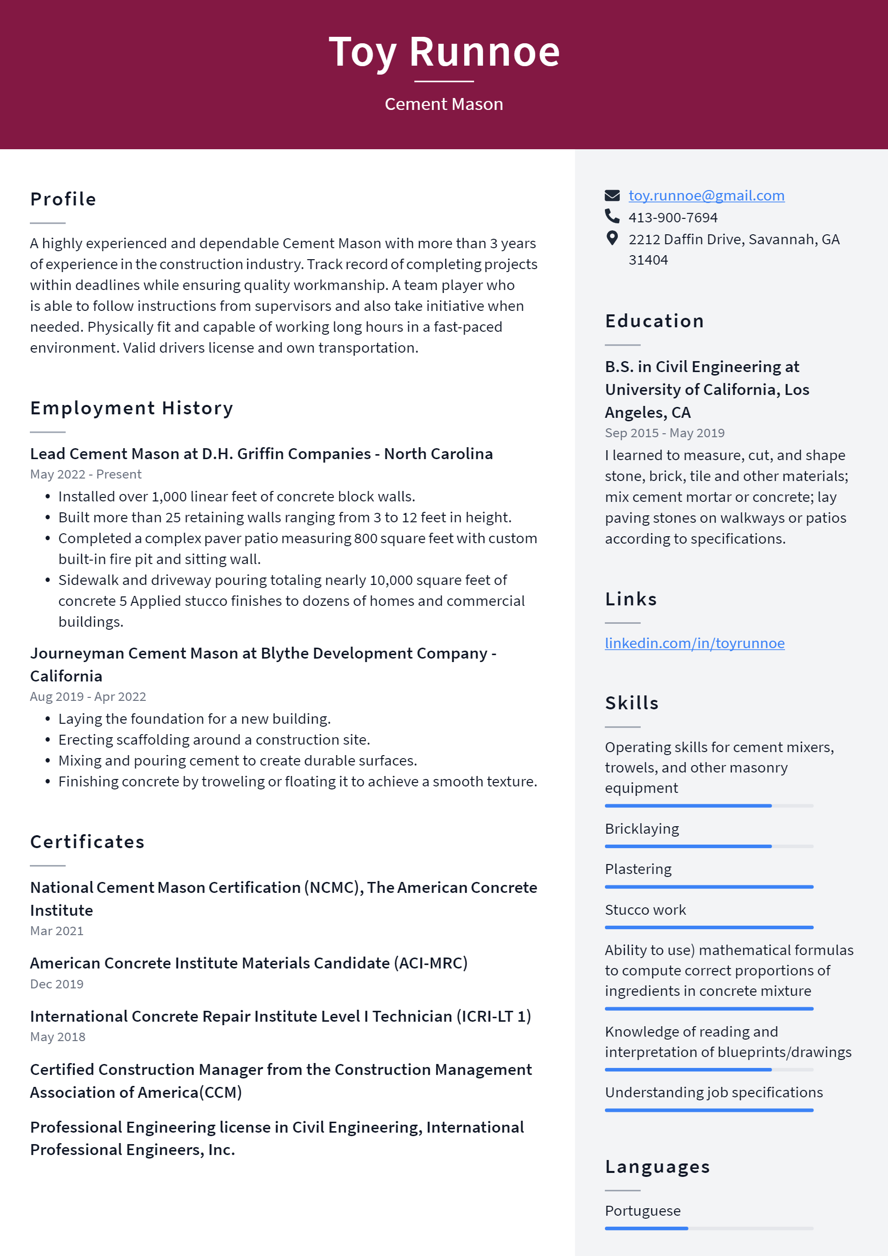Cement Mason Resume Example and Writing Guide - ResumeLawyer