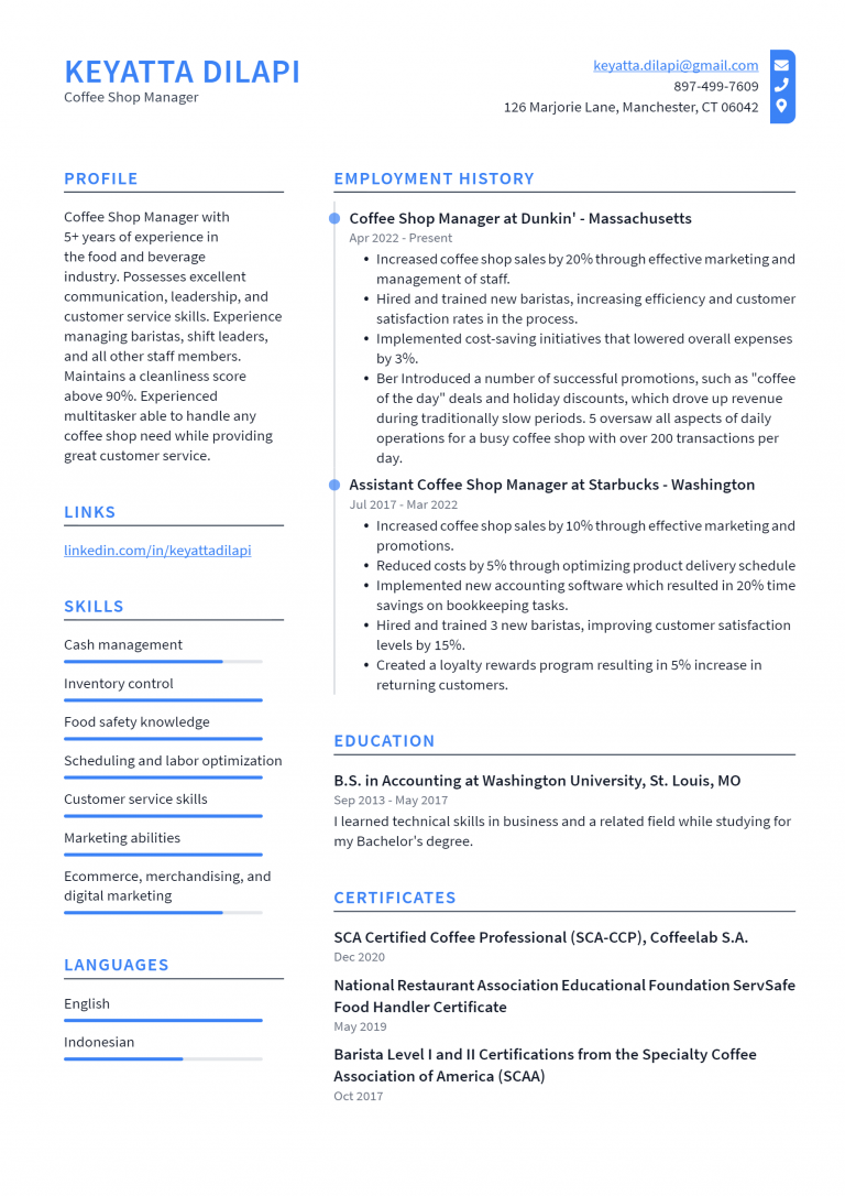Coffee Shop Manager Resume Example and Writing Guide - ResumeLawyer