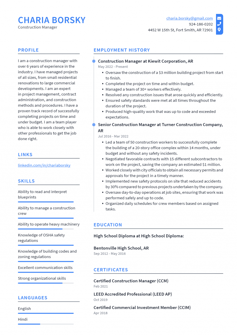 Construction Manager Resume Example and Writing Guide