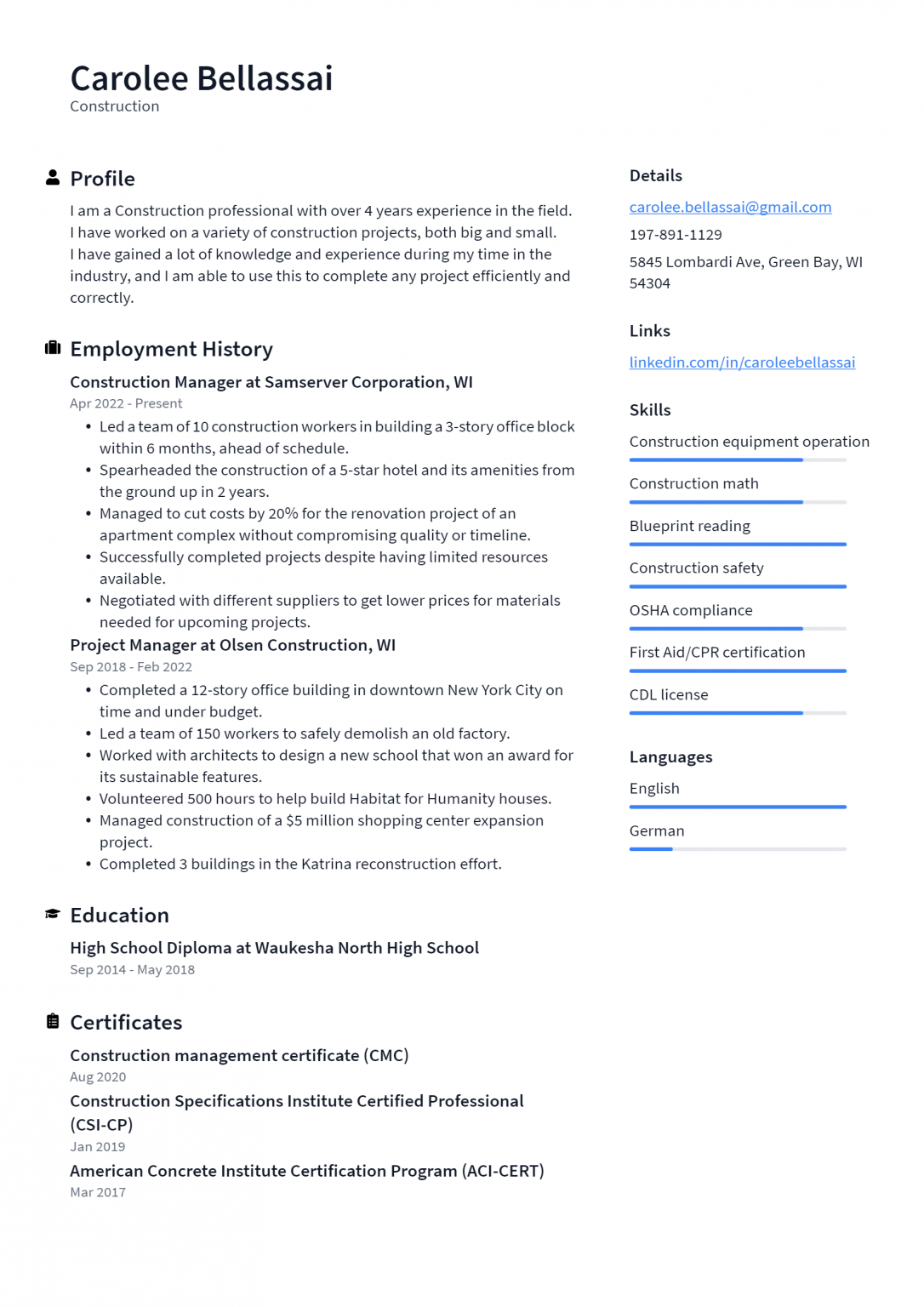 Construction Resume Example and Writing Guide - ResumeLawyer