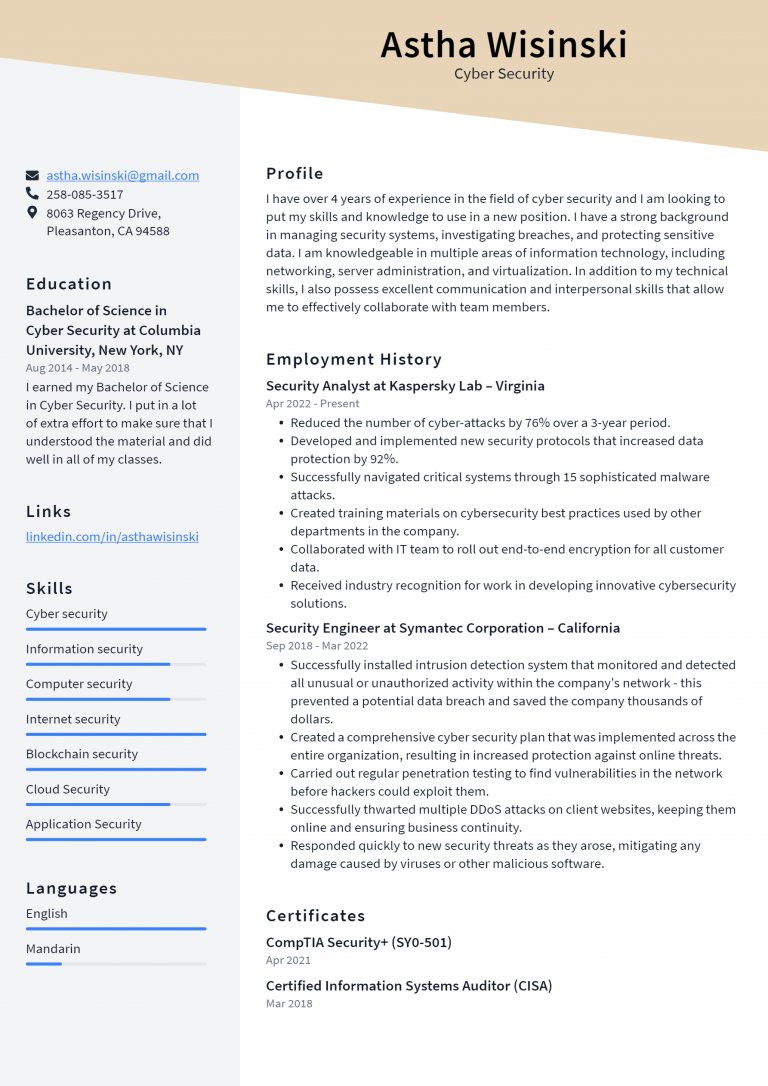 Cyber Security Resume Example and Writing Guide - ResumeLawyer