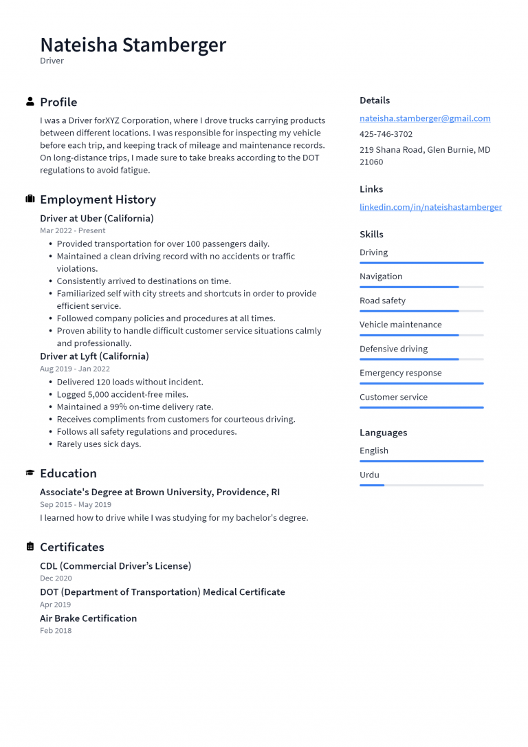 Driver Resume Example and Writing Guide - ResumeLawyer