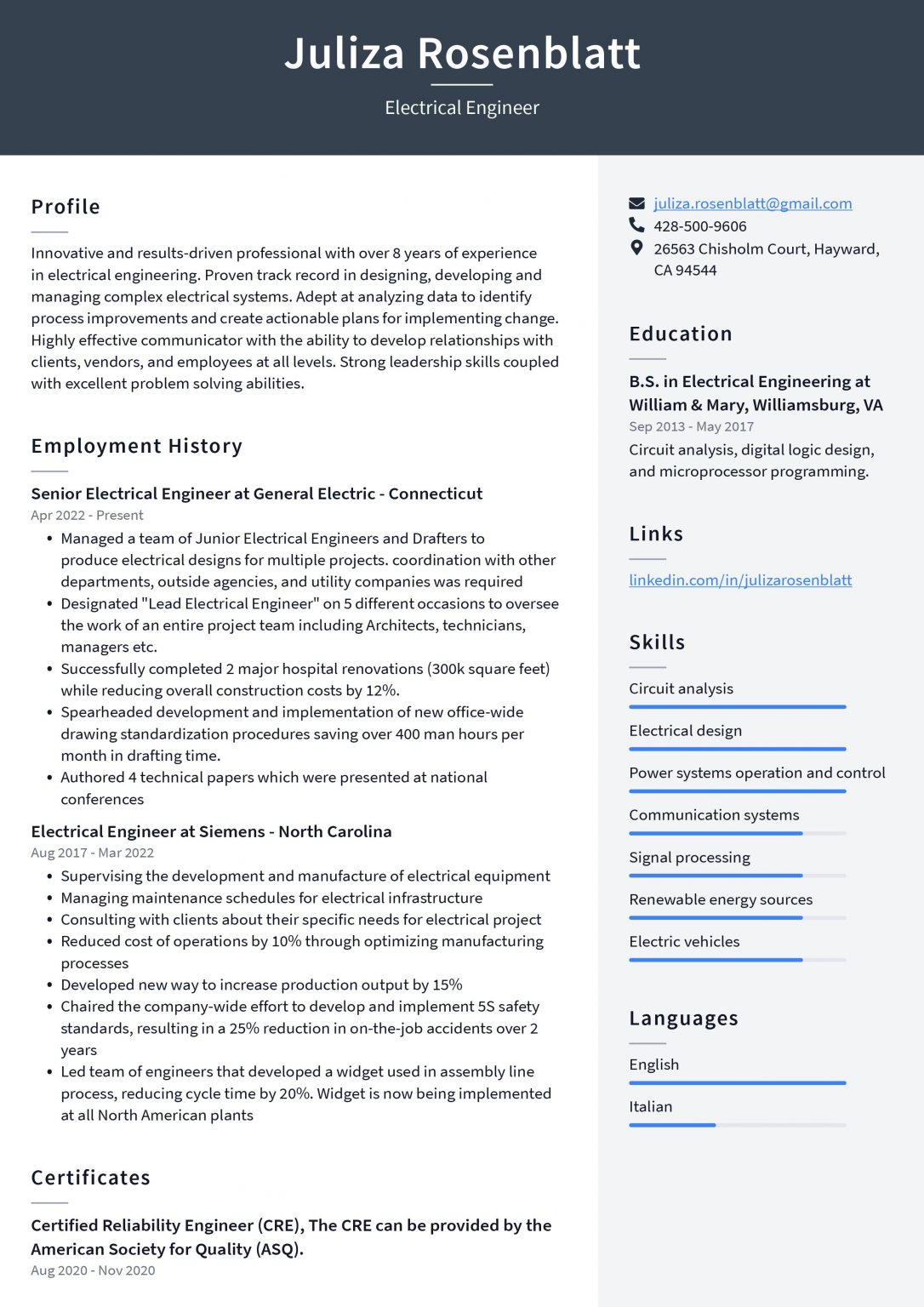 Electrical Engineer Resume Example and Writing Guide - ResumeLawyer