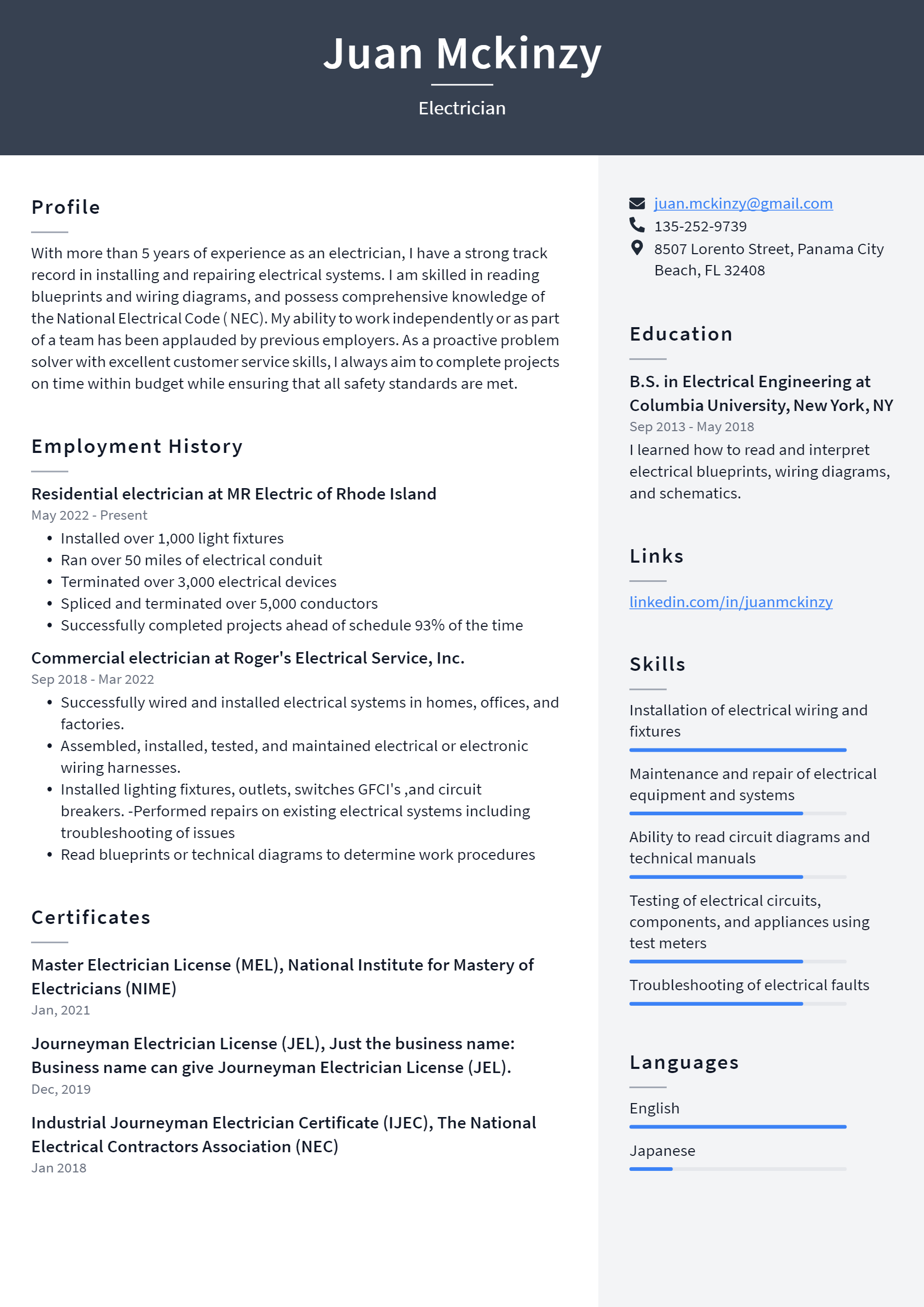 Electrician Resume Example and Writing Guide - ResumeLawyer