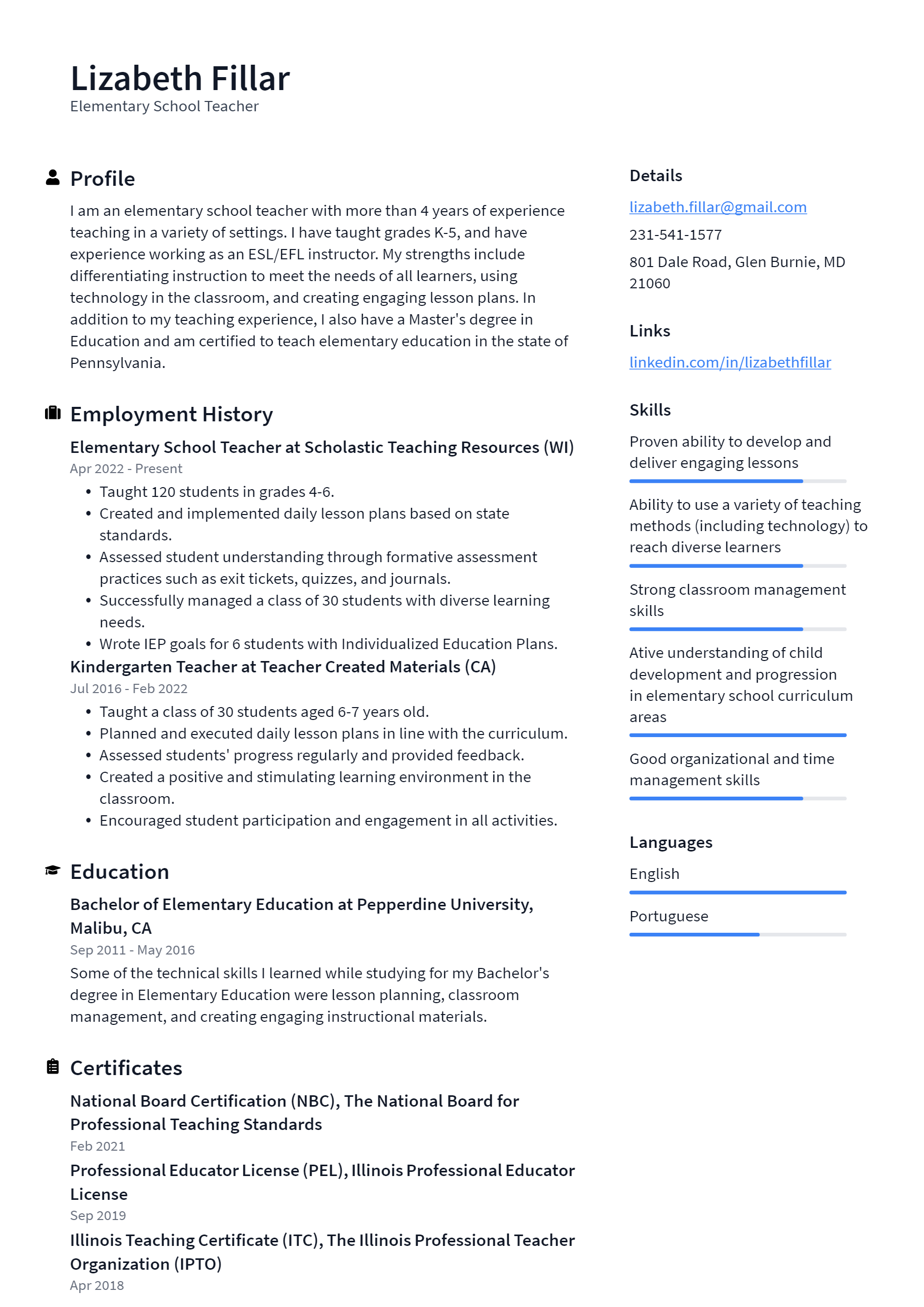 Elementary School Teacher Resume Example and Writing Guide