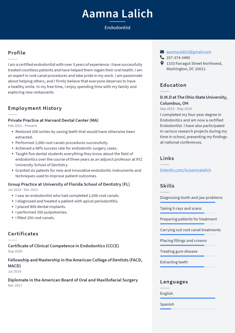 Endodontist Resume Example and Writing Guide - ResumeLawyer