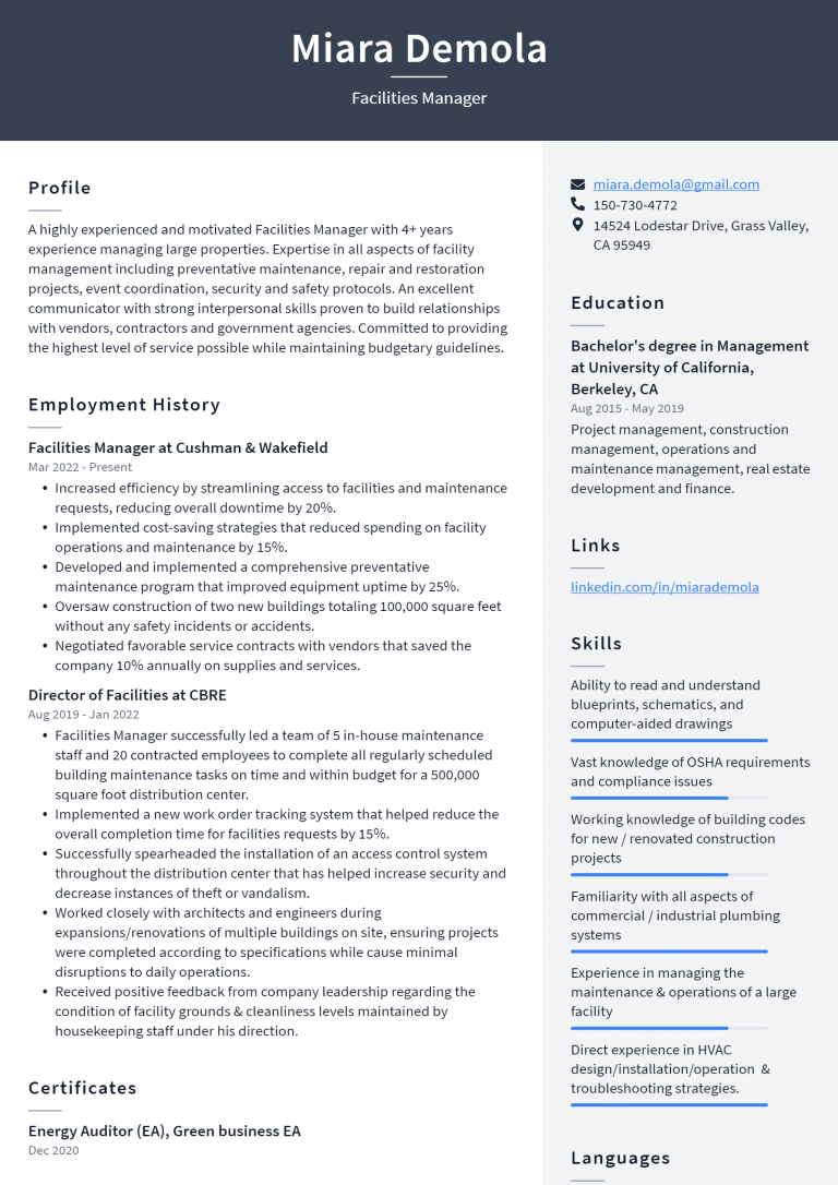 Facilities Manager Resume Example and Writing Guide - ResumeLawyer