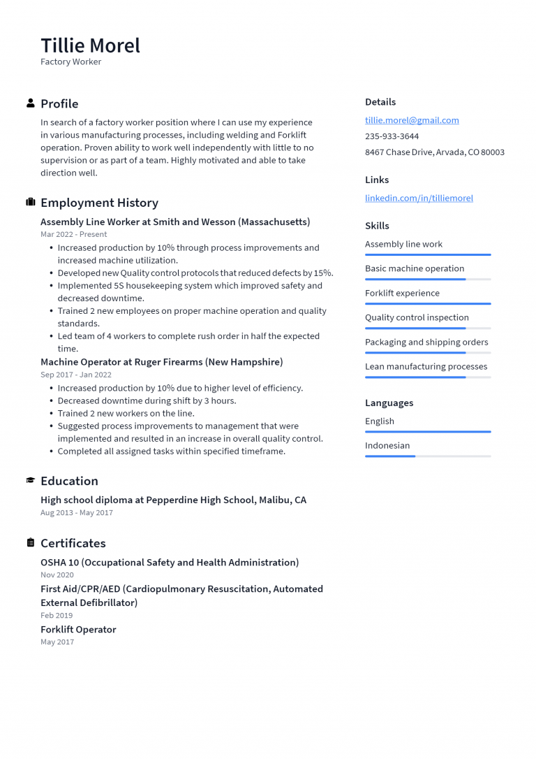Factory Worker Resume Example and Writing Guide - ResumeLawyer