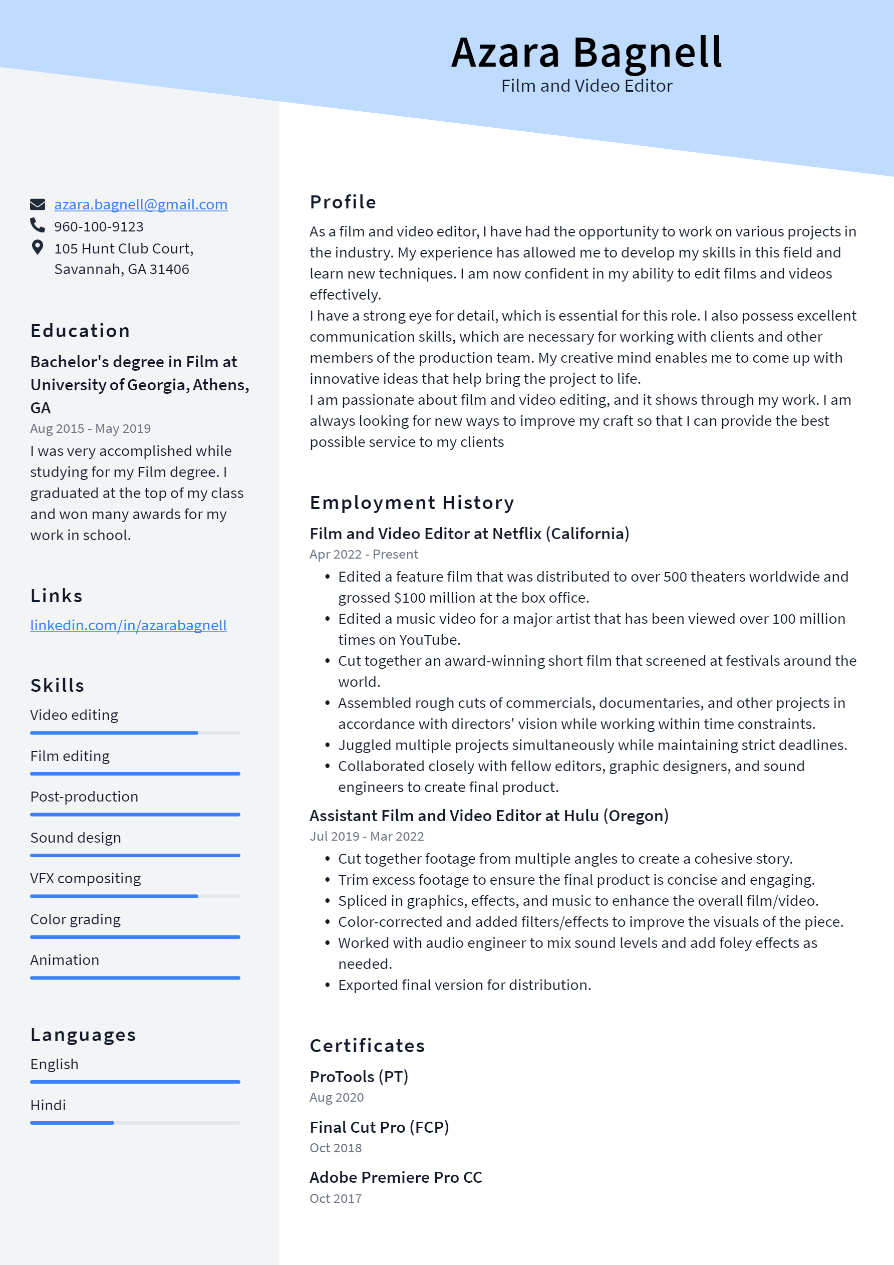 Film and Video Editor Resume Example and Writing Guide