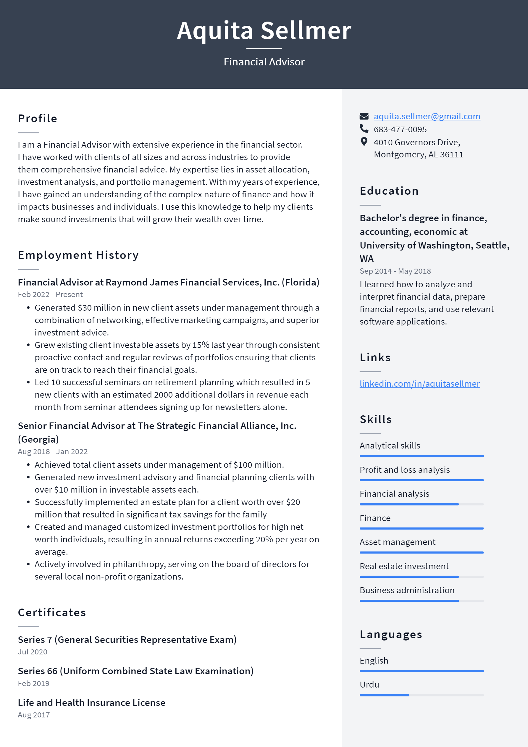 Financial Advisor Resume Example and Writing Guide - ResumeLawyer