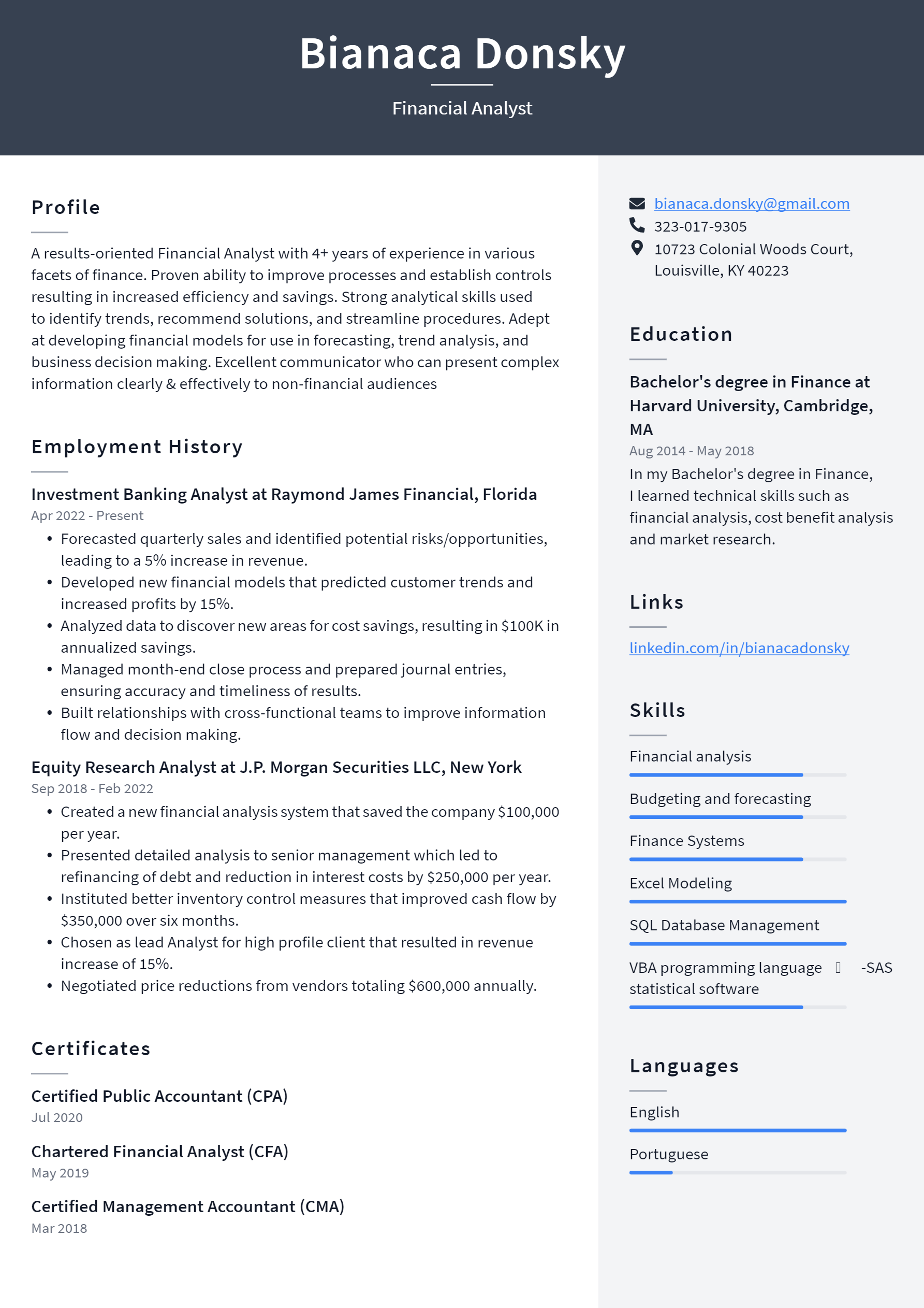 Financial Analyst Resume Example and Writing Guide - ResumeLawyer