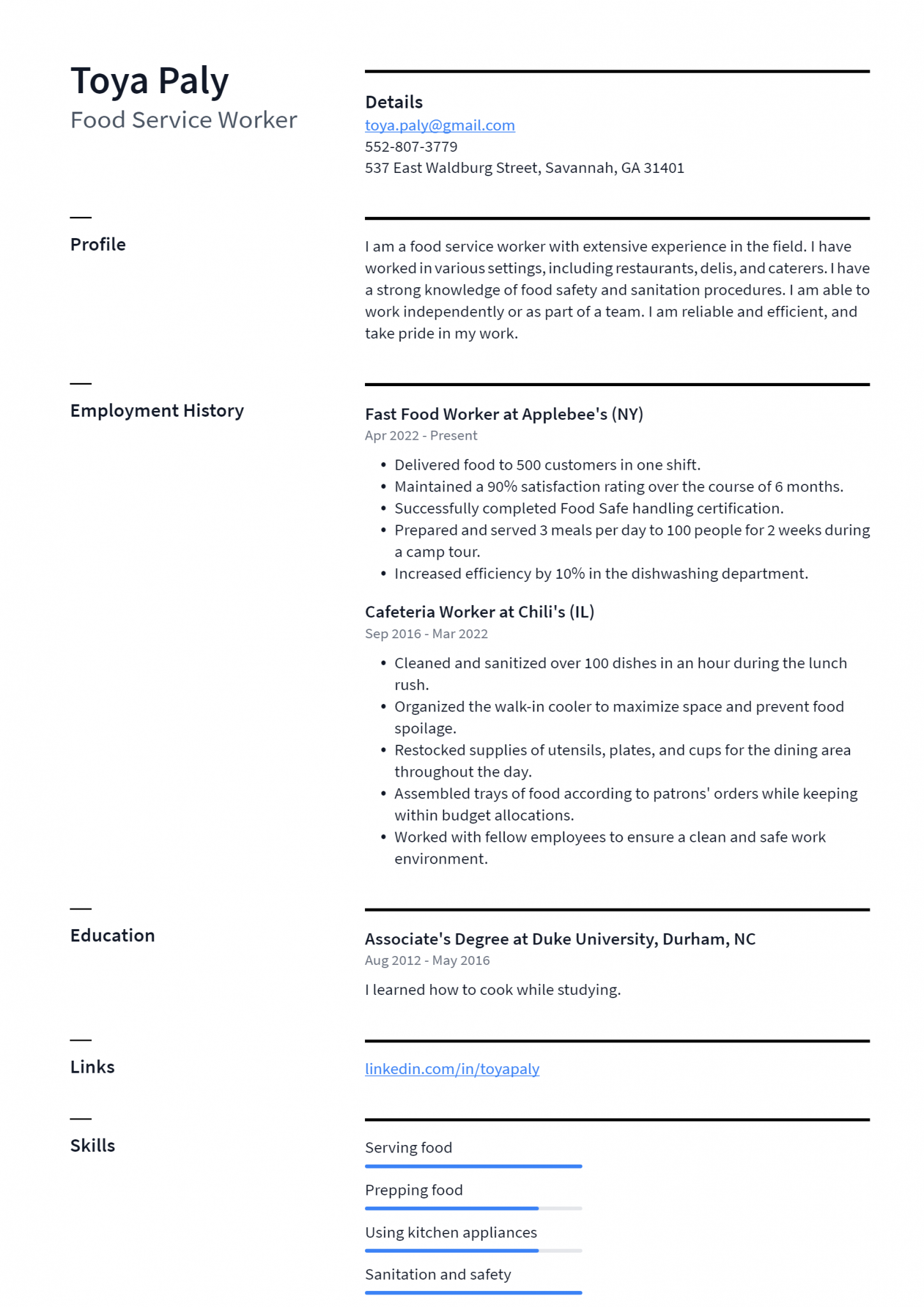 Food Service Worker Resume Example and Writing Guide - ResumeLawyer