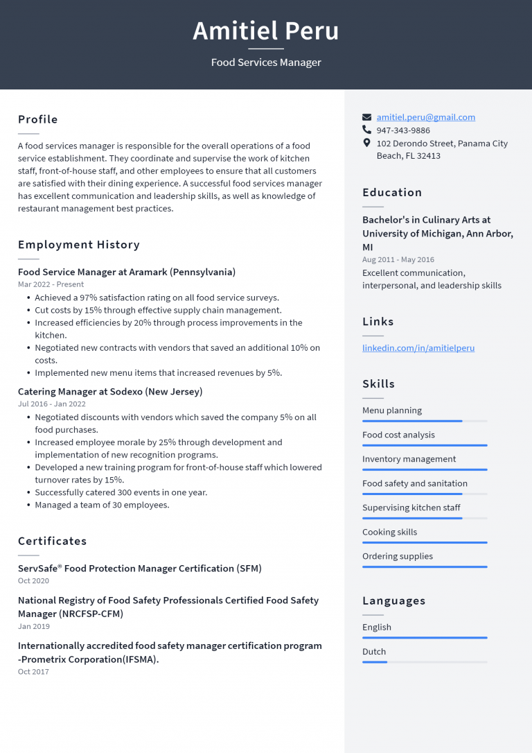 Food Services Manager Resume Example and Writing Guide