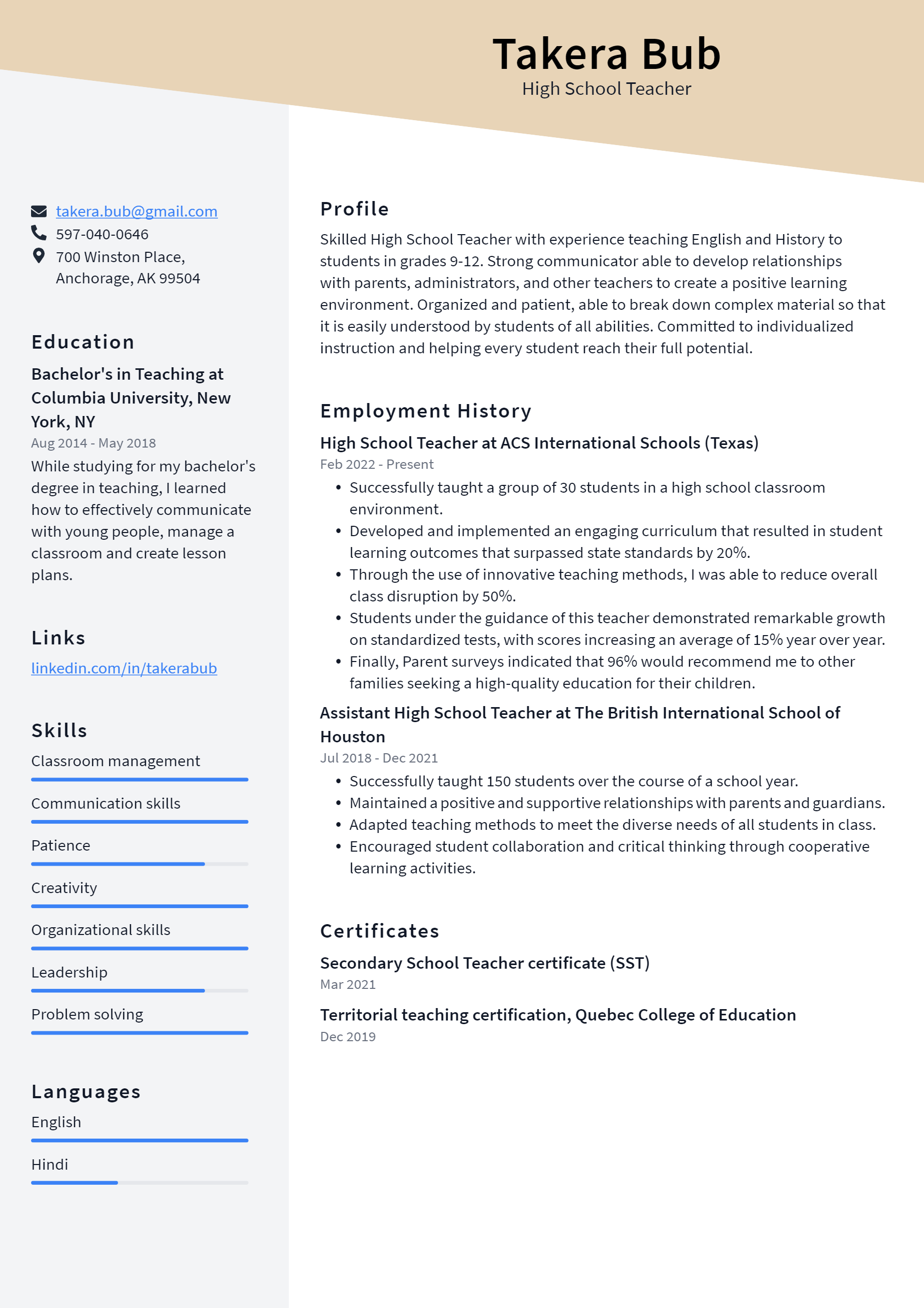 High School Teacher Resume Example and Writing Guide - ResumeLawyer