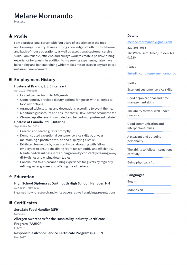 Hostess Resume Example and Writing Guide - ResumeLawyer