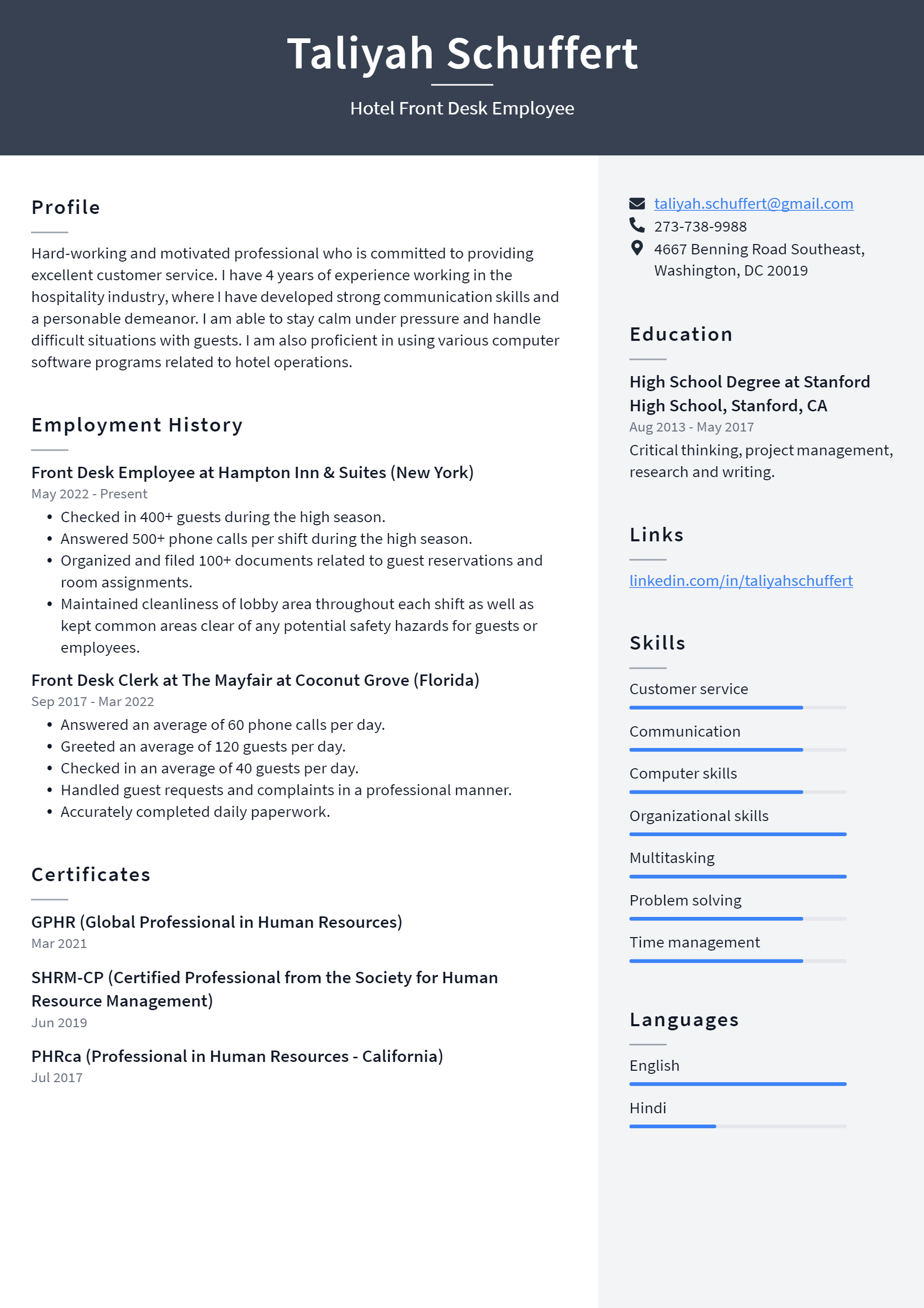 Hotel Front Desk Employee Resume Example and Writing Guide - ResumeLawyer