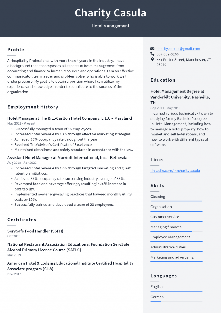 Hotel Management Resume Example and Writing Guide - ResumeLawyer