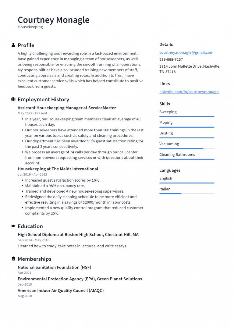 Housekeeping Resume Example and Writing Guide - ResumeLawyer