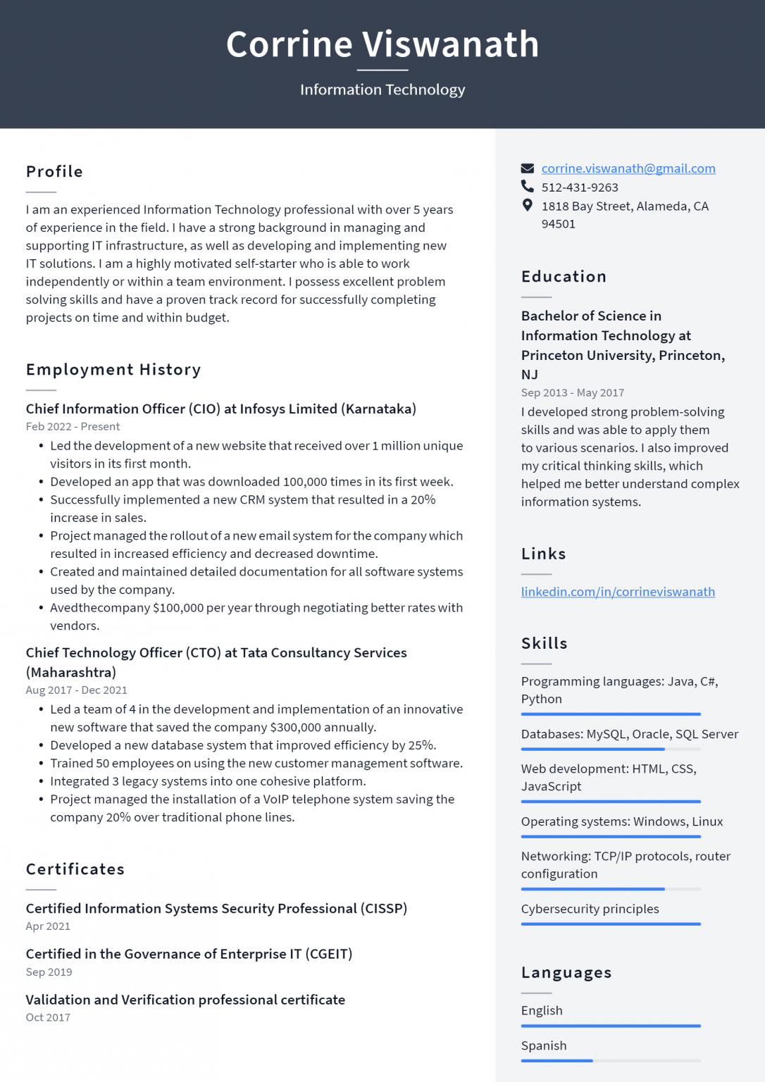 Information Technology Resume Example and Writing Guide