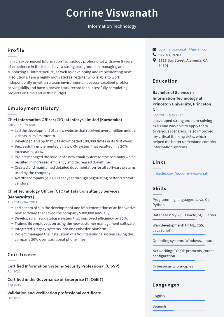 Information Technology Resume Example and Writing Guide