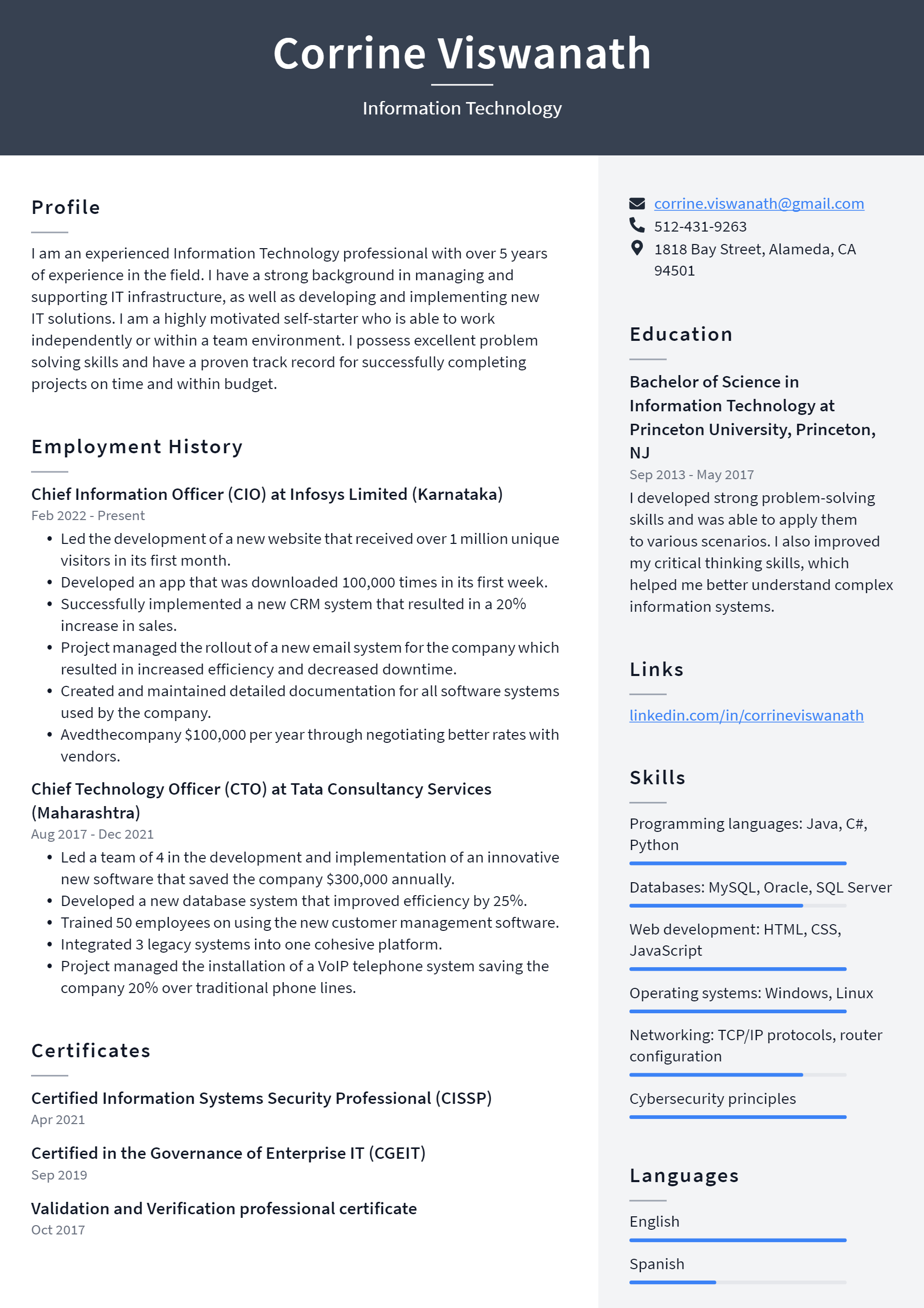 Information Technology Resume Example and Writing Guide