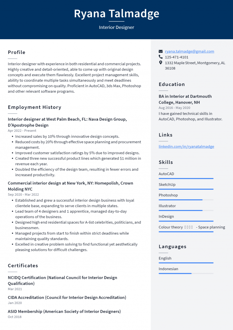 Interior Designer Resume Example and Writing Guide - ResumeLawyer