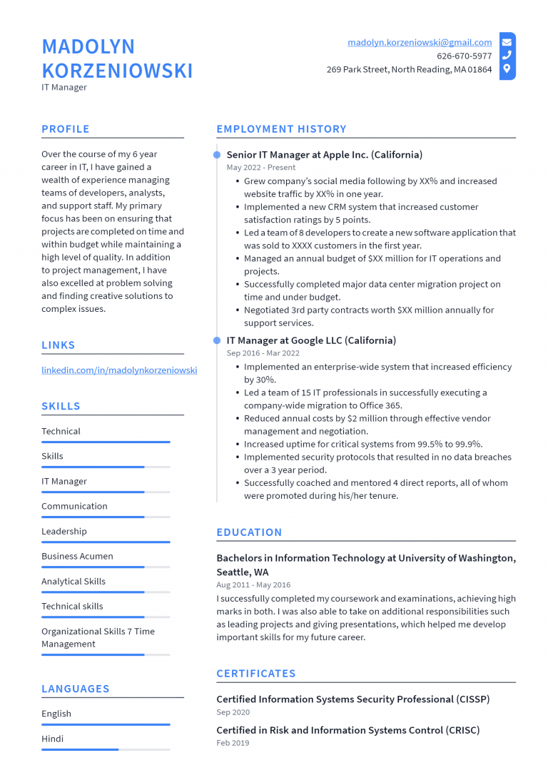 IT Manager Resume Example and Writing Guide - ResumeLawyer