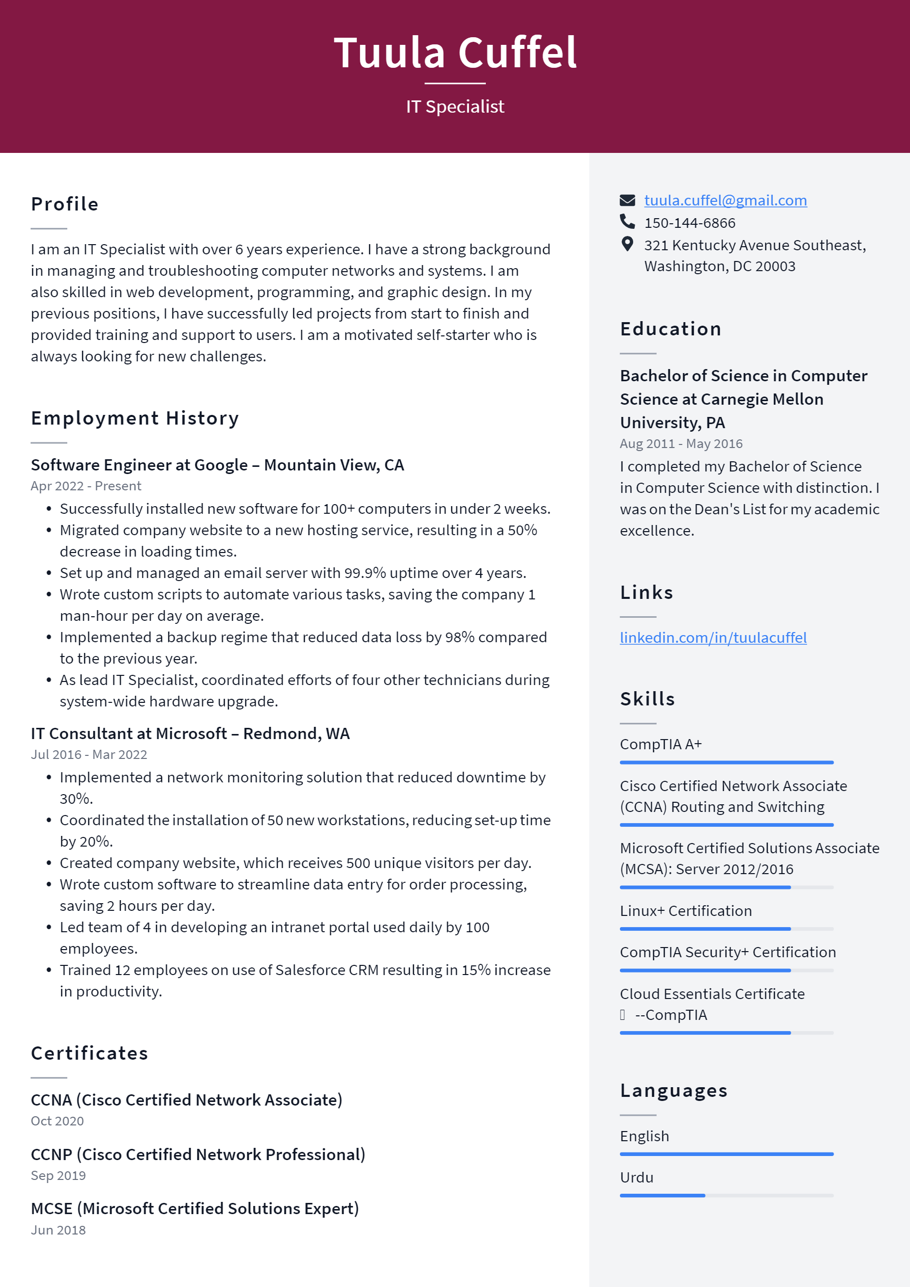 IT Specialist Resume Example and Writing Guide - ResumeLawyer