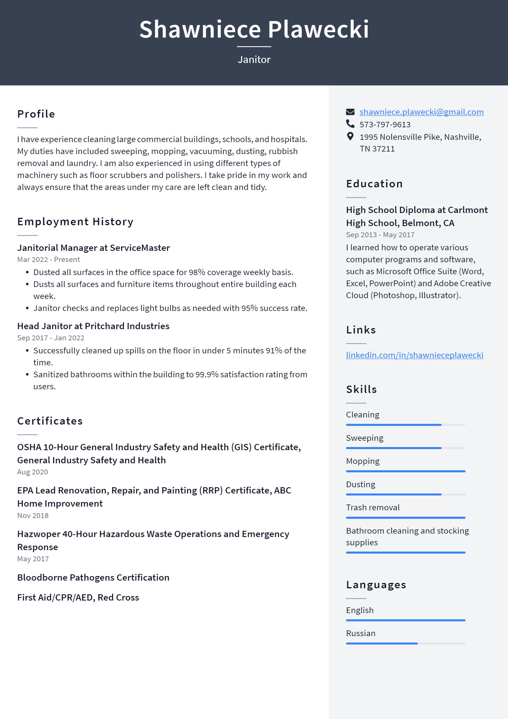 Janitor Resume Example and Writing Guide - ResumeLawyer
