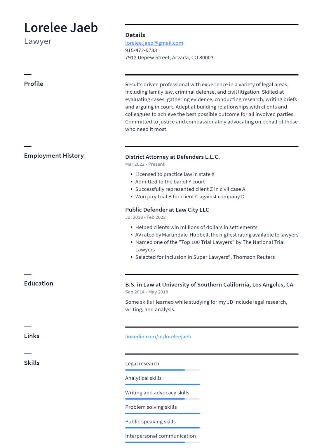 Lawyer Resume Example and Writing Guide - ResumeLawyer