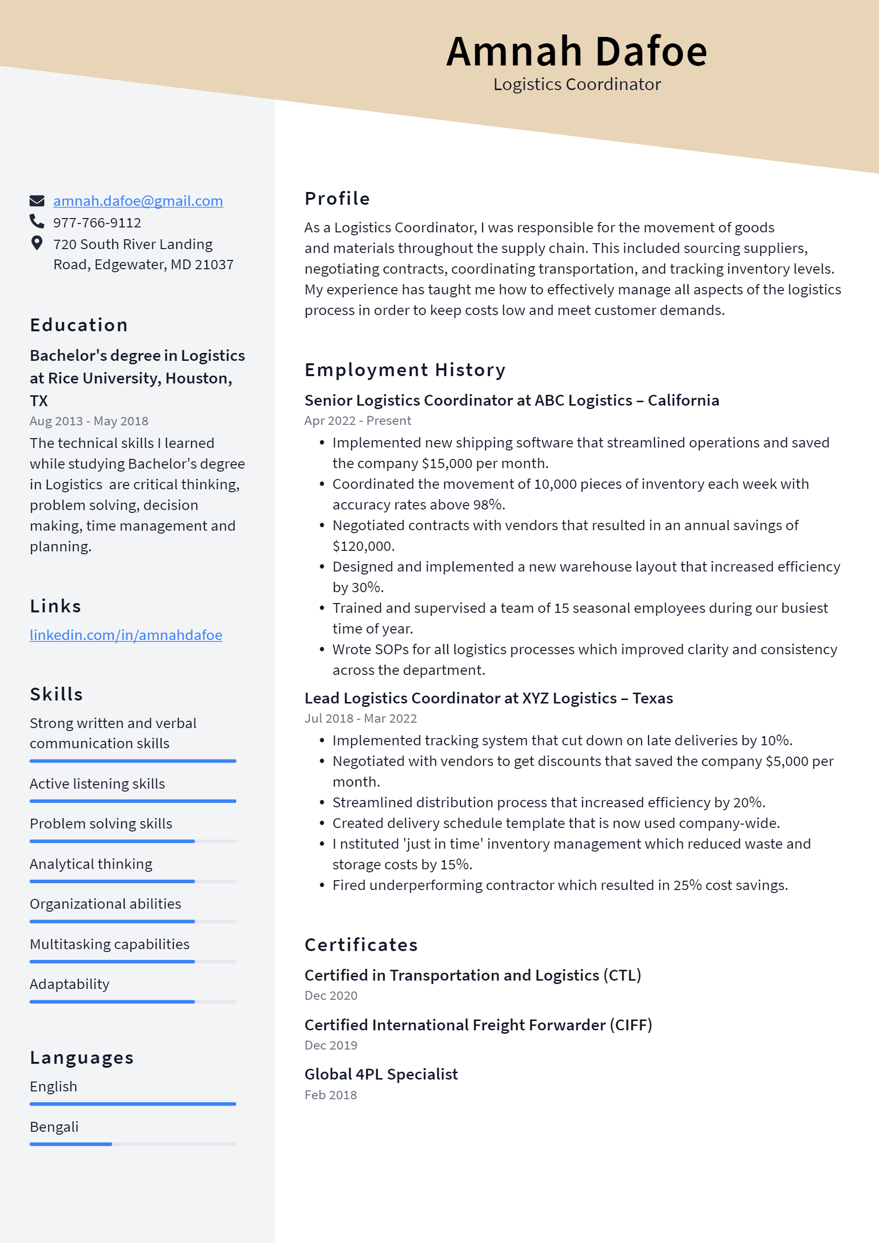 Logistics Coordinator Resume Example and Writing Guide - ResumeLawyer