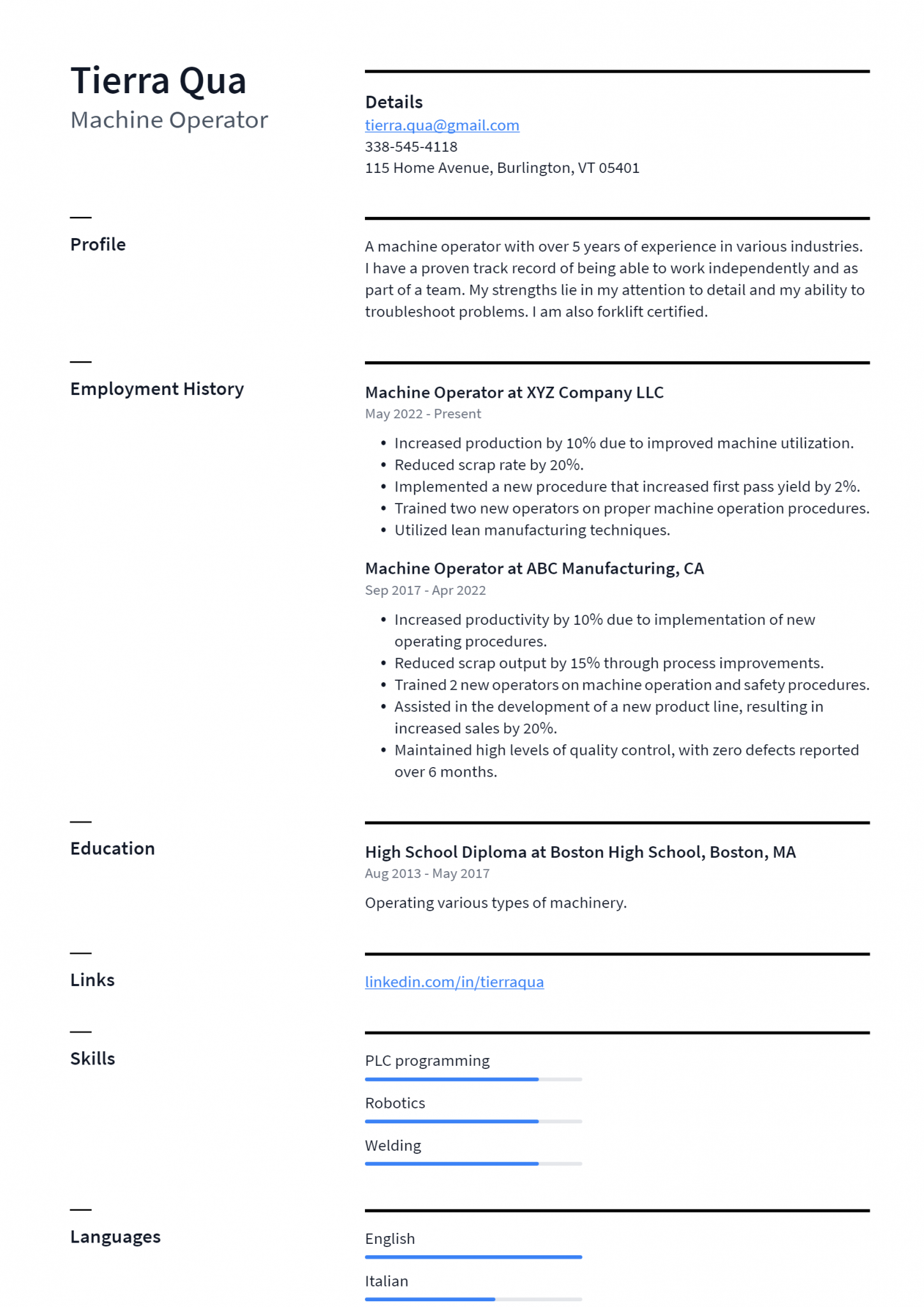 Machine Operator Resume Example and Writing Guide - ResumeLawyer