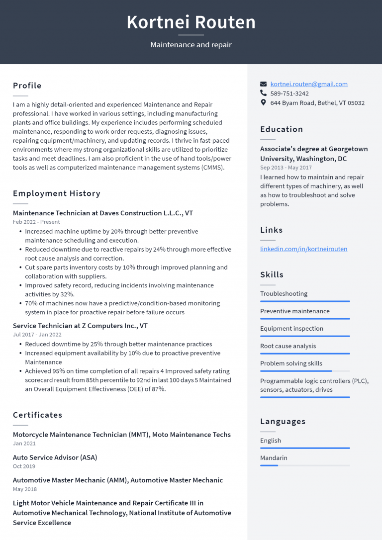 Maintenance and repair Resume Example and Writing Guide