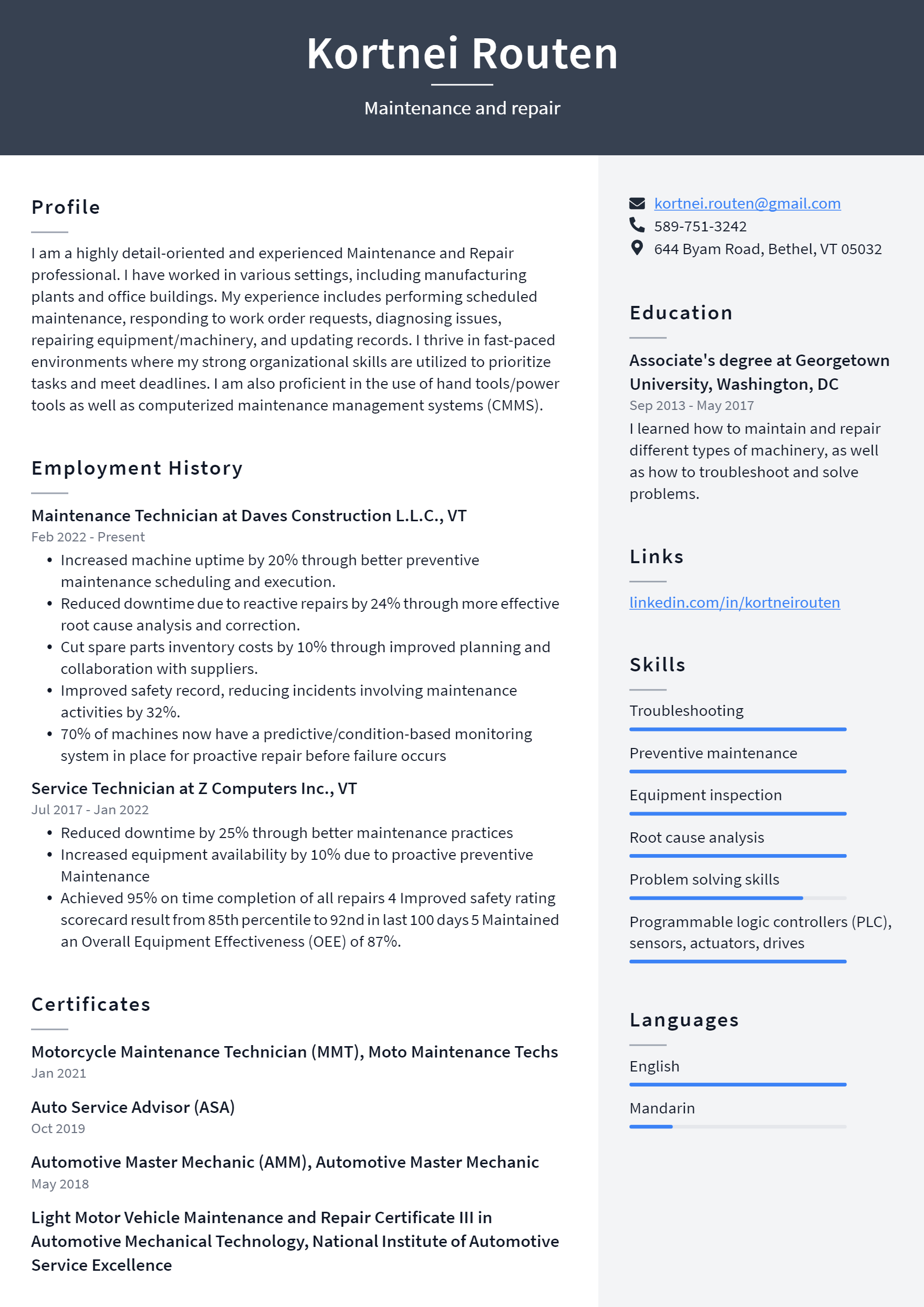 Maintenance and repair Resume Example and Writing Guide