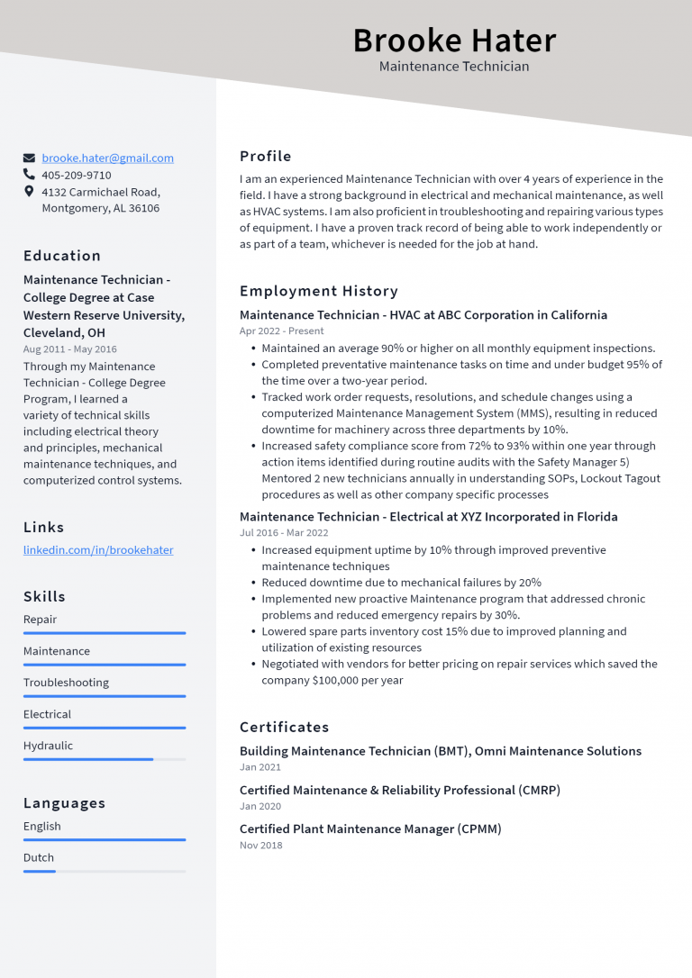 Maintenance Technician Resume Example And Writing Guide Resumelawyer