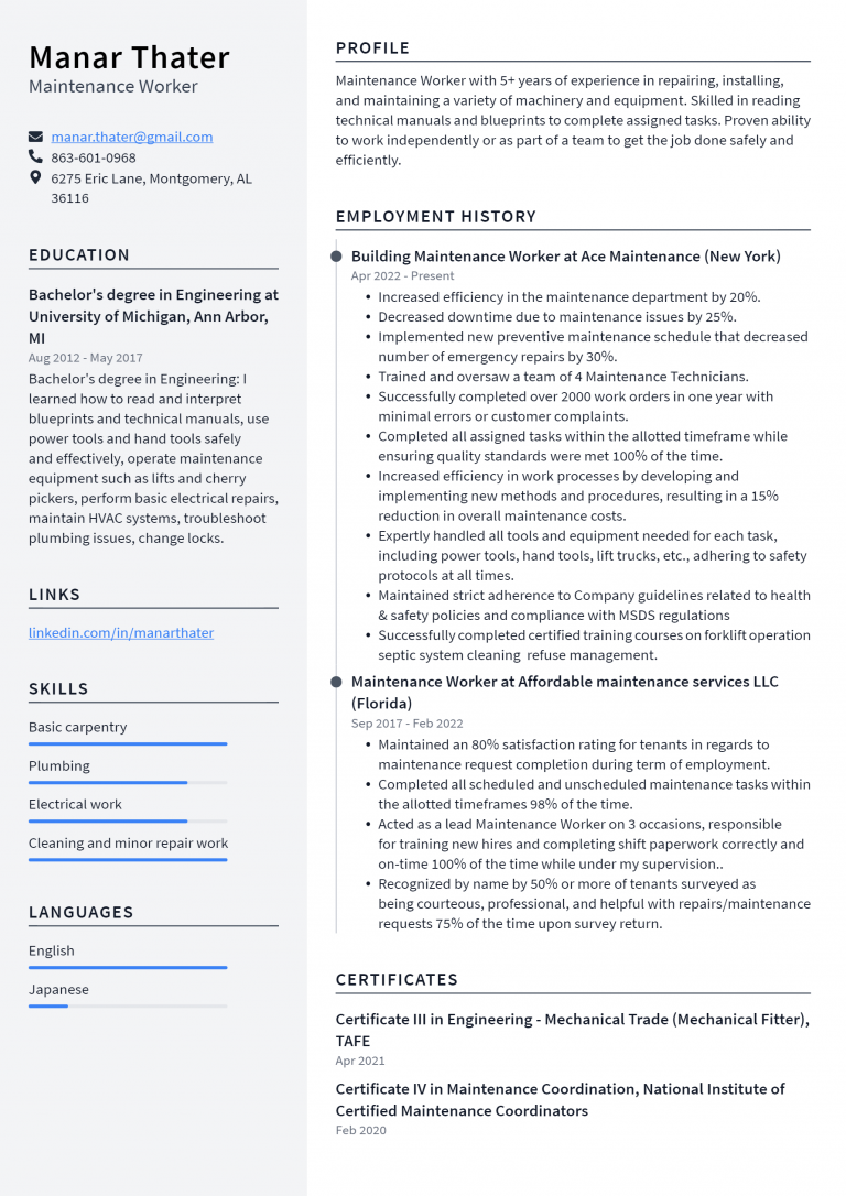 Maintenance Worker Resume Example and Writing Guide - ResumeLawyer