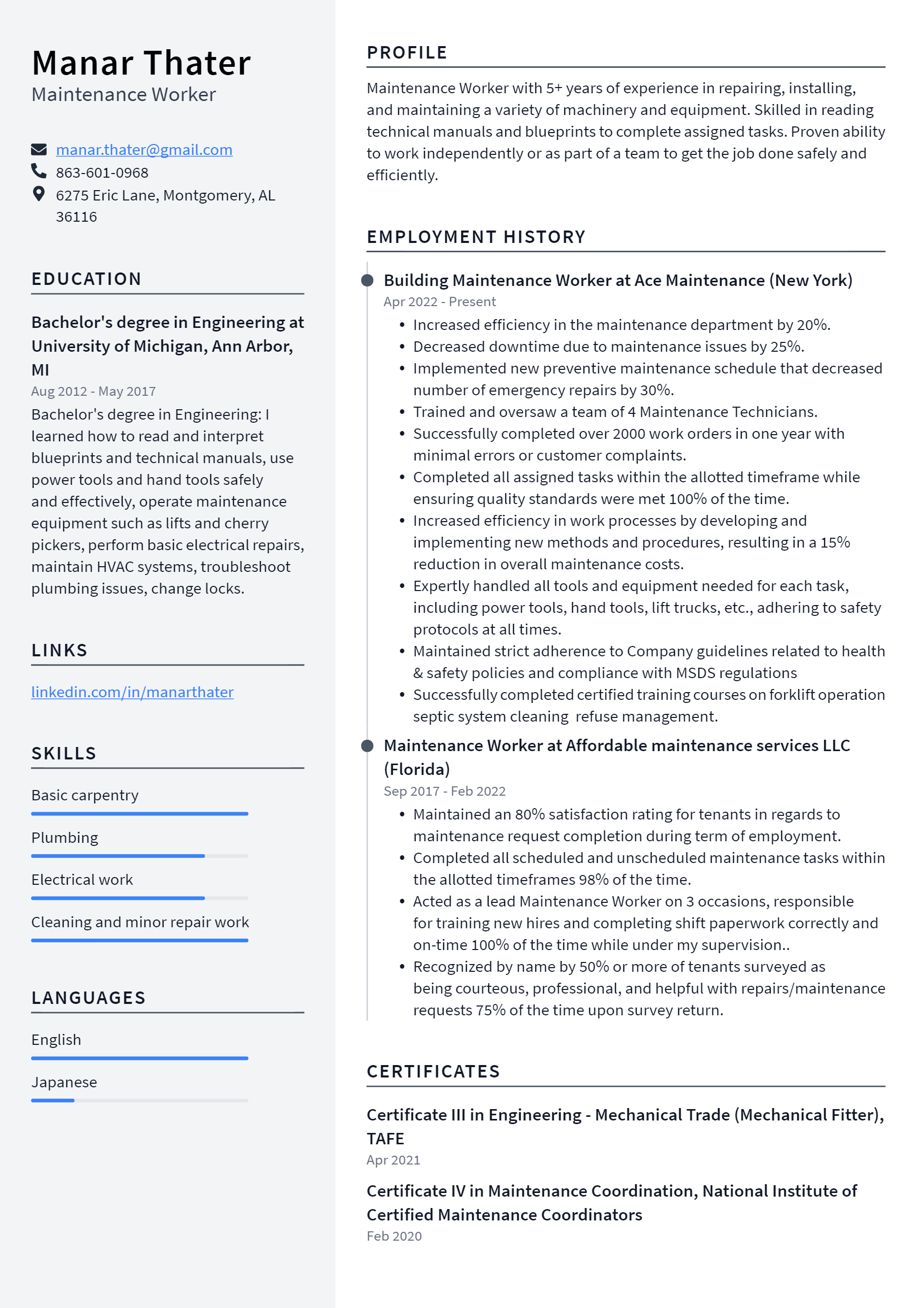 Maintenance Worker Resume Example and Writing Guide - ResumeLawyer