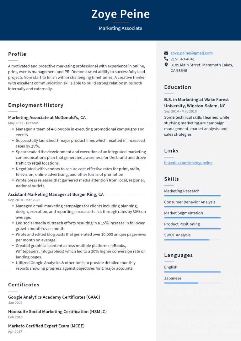 Marketing Associate Resume Example and Writing Guide - ResumeLawyer