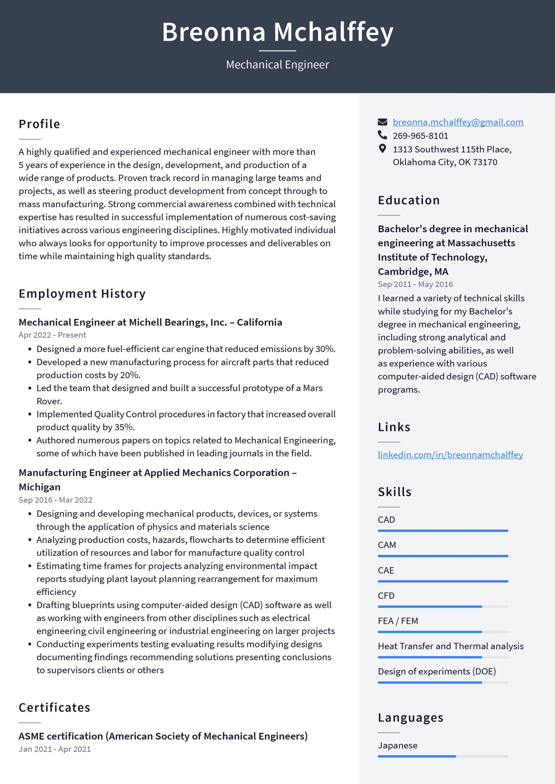 Mechanical Engineer Resume Example and Writing Guide - ResumeLawyer