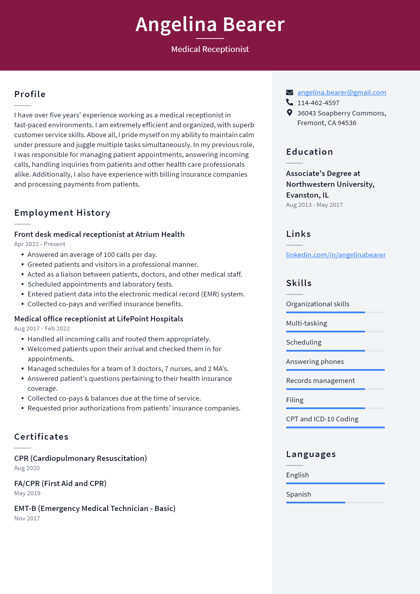 Medical Receptionist Resume Example and Writing Guide