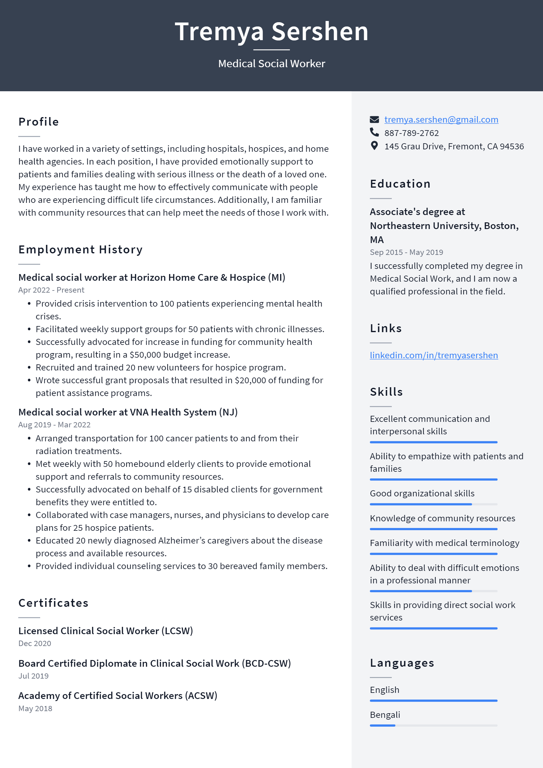 Medical Social Worker Resume Example and Writing Guide